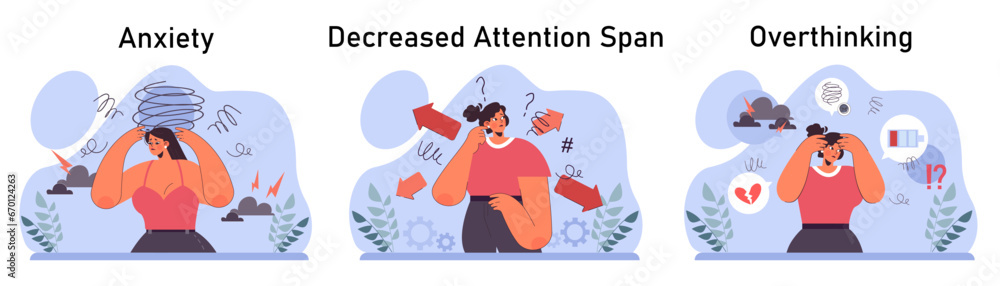 Anxiety set. Character mental health issues. Woman coping with ...