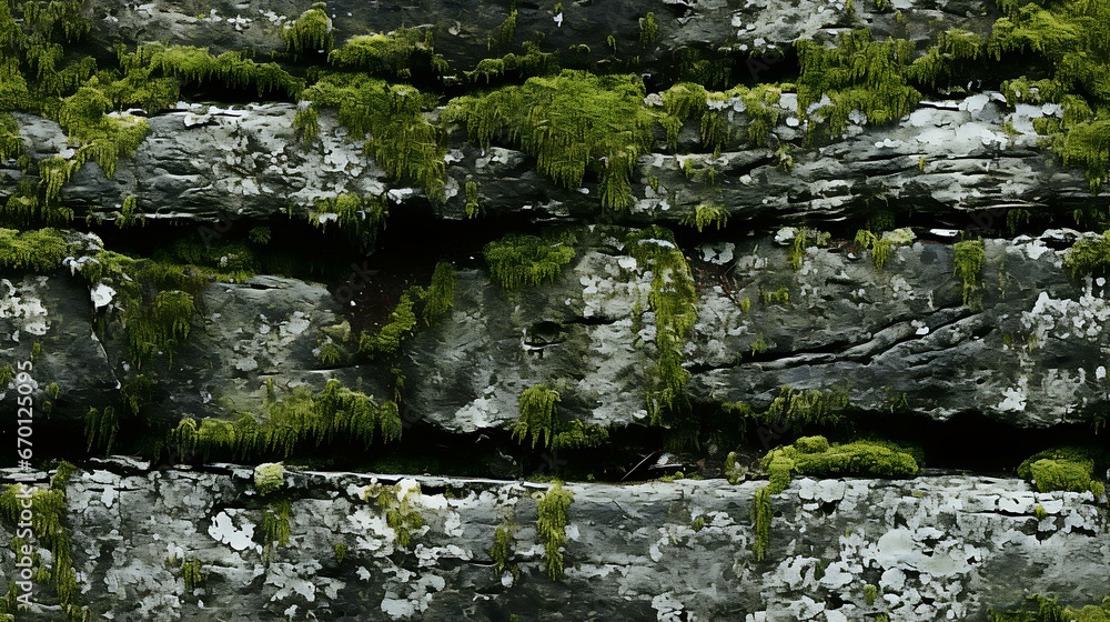 Uma paisagem rochosa é suavizada por um manto de musgo verde vibrante ...