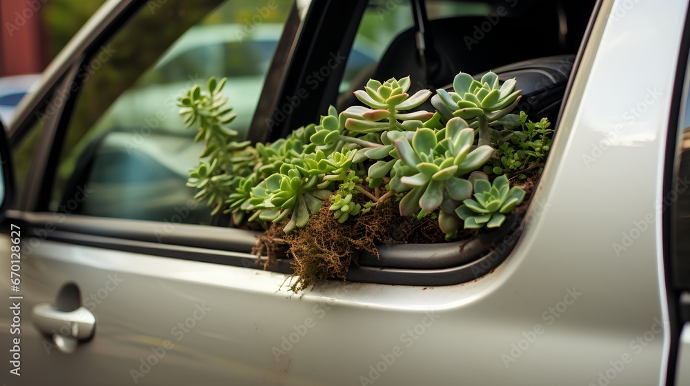 Plant sprouting from car. Nature resilience and recovery from CO2 ...