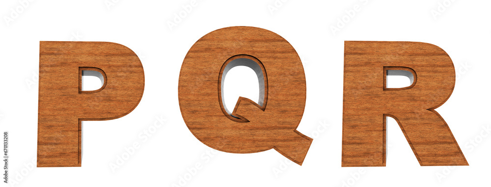 Wooden alphabet made in 3D render. Letters P, Q, R with wooden texture ...