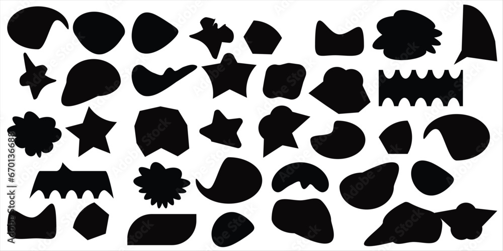 Random shapes. 36 Organic black blobs of irregular shape. Abstract blotch, inkblot and pebble ...
