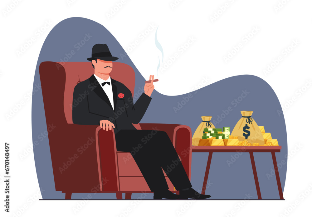 Godfather mob boss sits in chair with cigar in his hand. Man in black ...