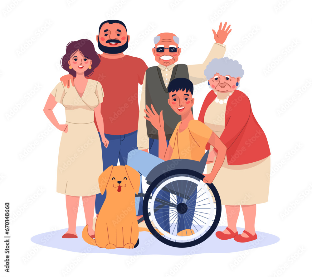 Happy family with disabled members. Cartoon smiling people, teen boy in ...