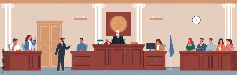 Trial in courtroom. Law justice, public process, defense and ...