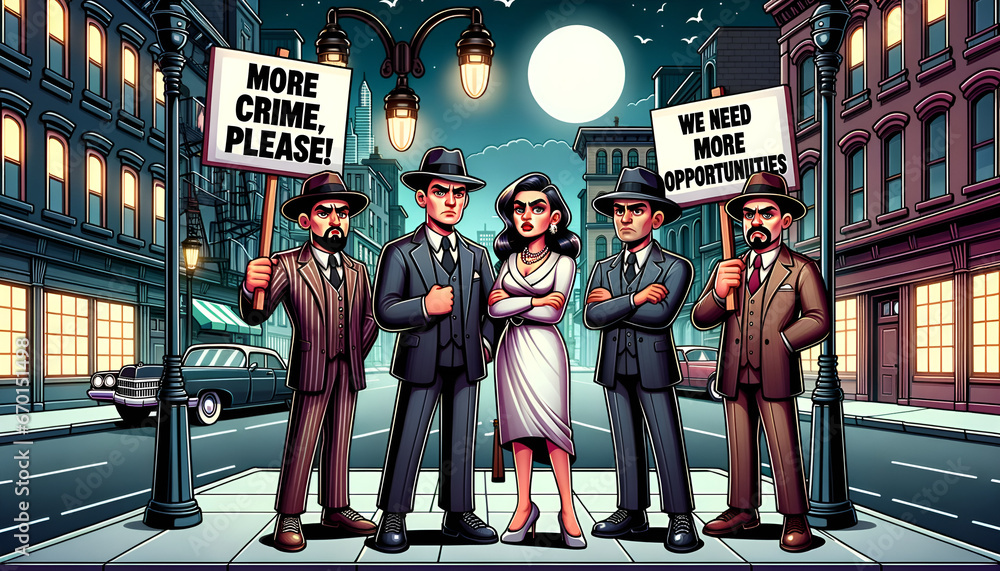 Cartoon image set on a city street corner. A group of gangsters ...