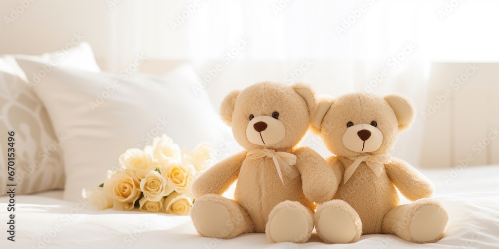 Two cute teddy bear toys sit on the clean bed lean on each other, white ...