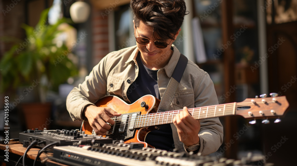 A teenager learning to play a musical instrument with the help of ...