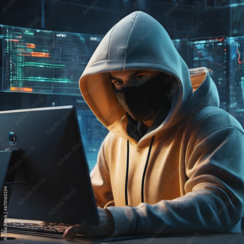 Cybersecurity An image depicting a hacker in a hoodie or a cybersecurity professional monitoring ...
