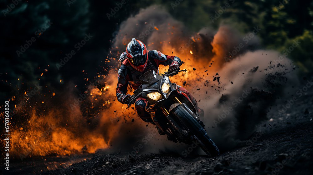 A Driver riding a motorcycle on a city street with clouds of smoke ...