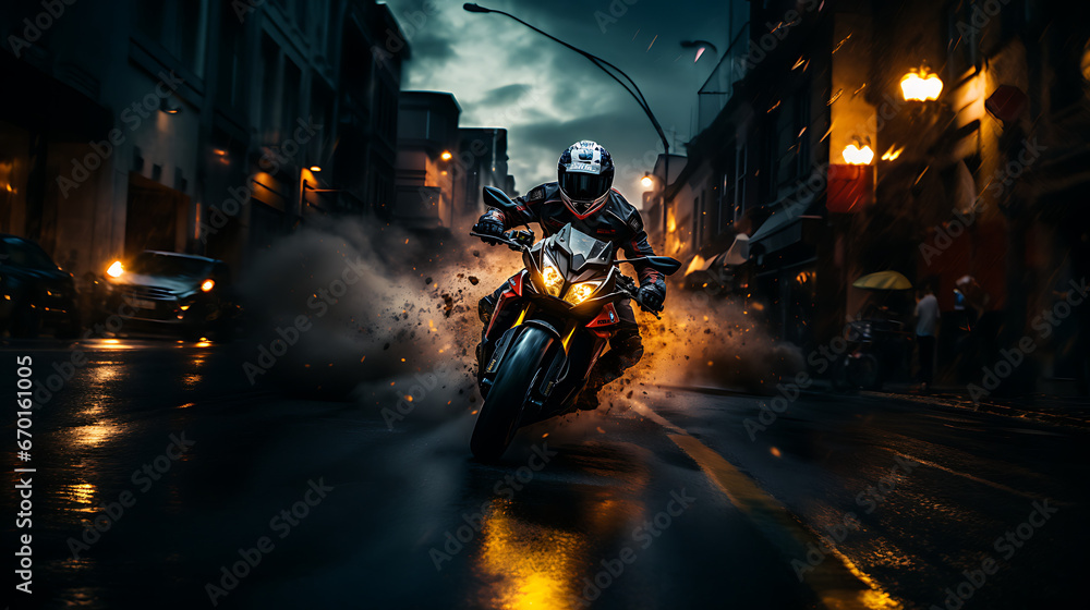 A Driver riding a motorcycle on a city street with clouds of smoke ...
