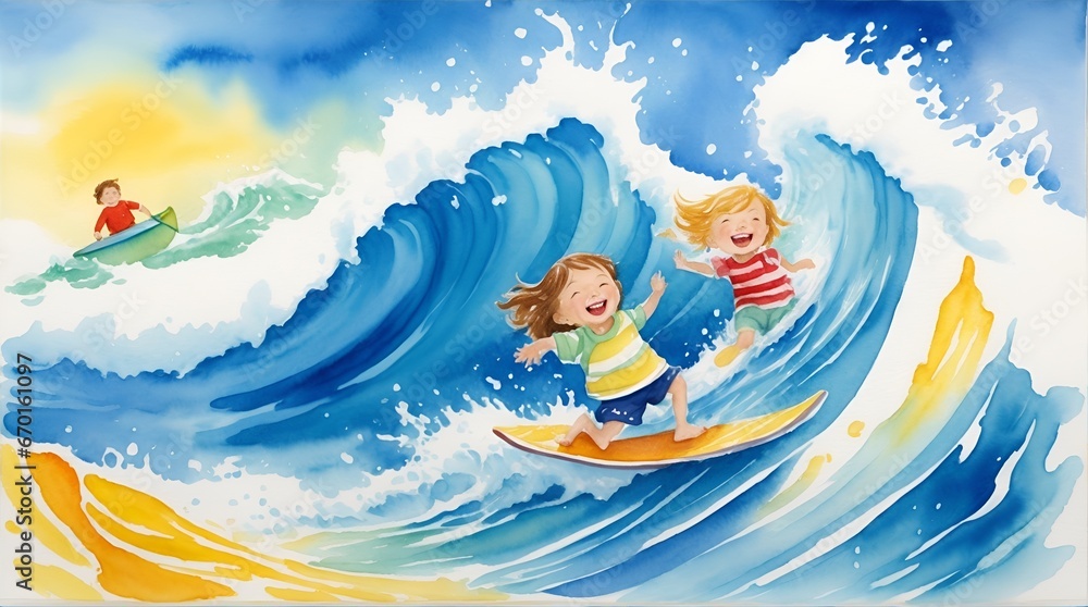 watercolor Sun, blue clouds happy waves splash, sunny ocean wave yellow ...