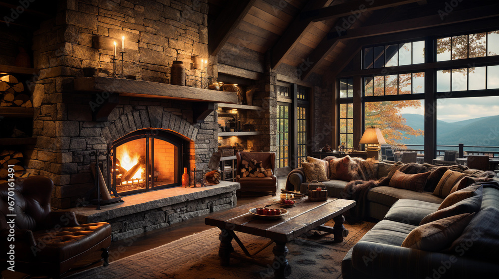 Photo & Art Print A cozy log cabin interior, featuring a stone fireplace, rustic wooden beams ...