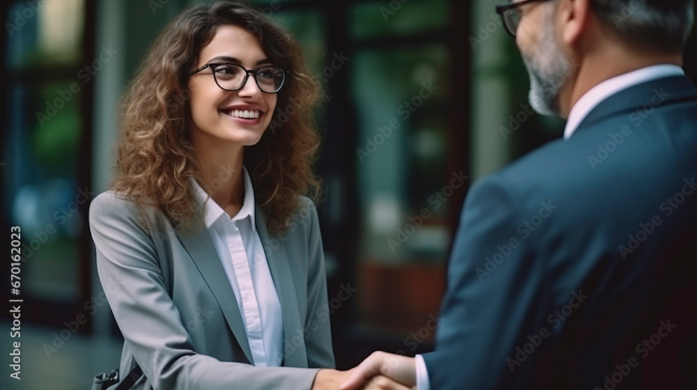 Two colleagues met on street during lunch break, greeting each other ...