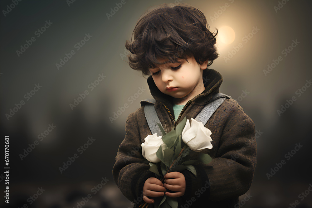 Sad kid with flowers and sad expression on his face and eyes full of ...