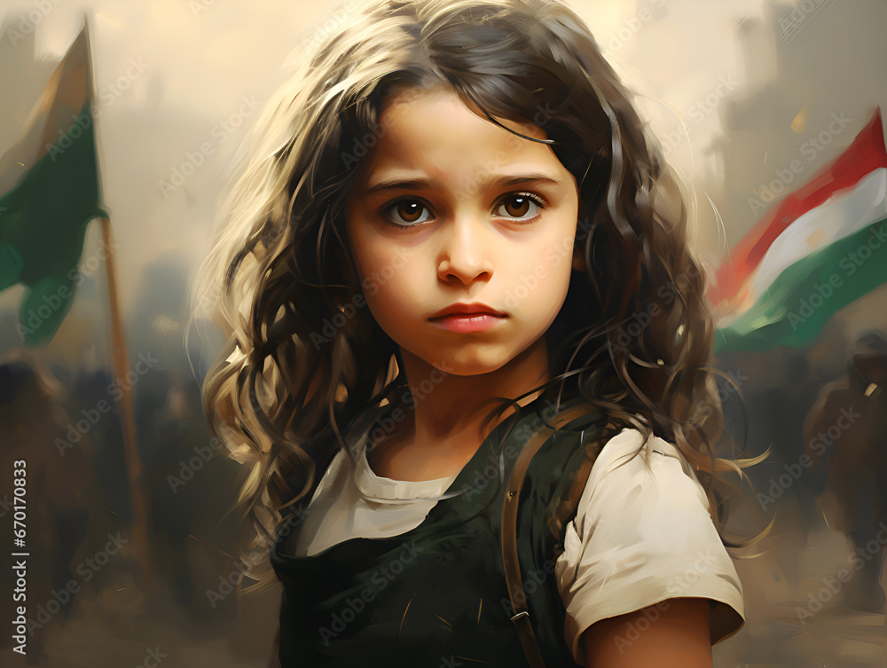 Angry small girl stands against people with the flags of Palestine and ...