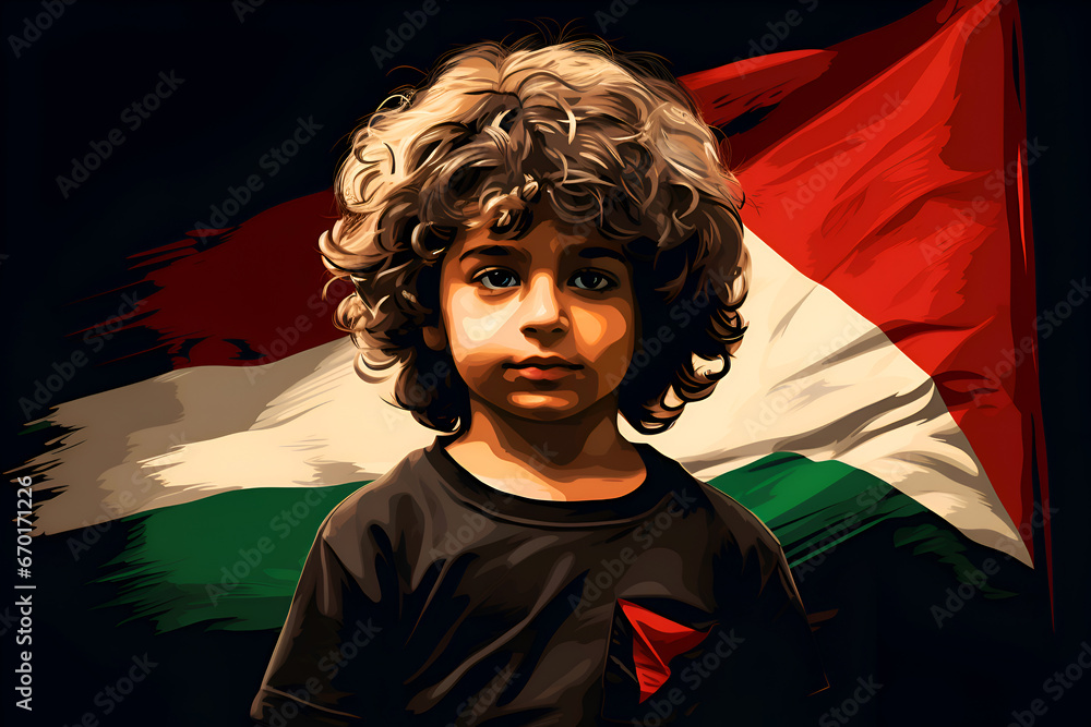 Kid stands in front of a flag of Palestine on dark background with hope ...