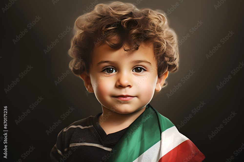 Kid with a flag of Palestine in front of dark background. Child with ...