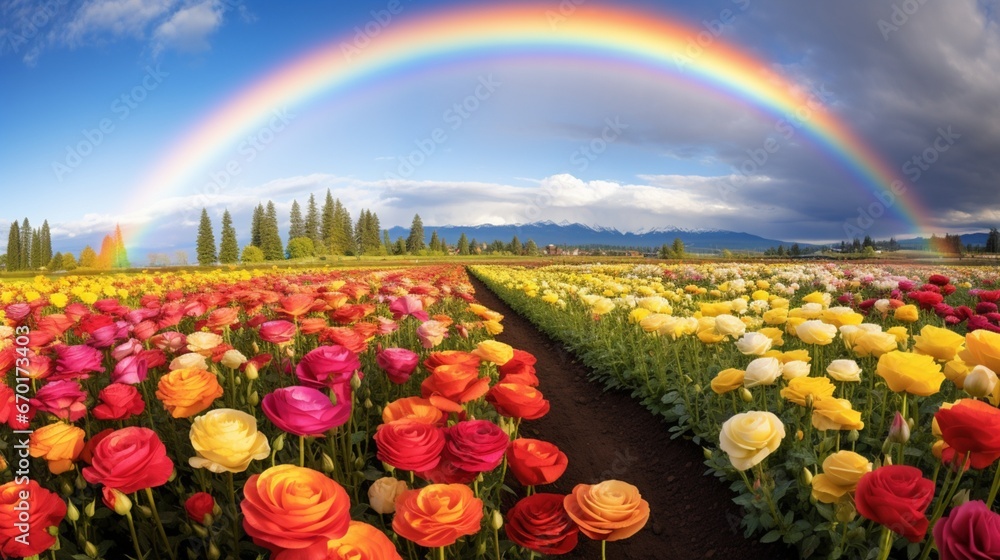 A panoramic view of a Rainbow Ranunculus garden, captured in high ...