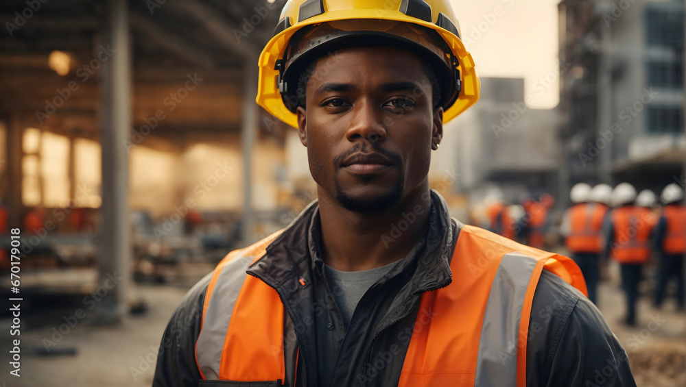 A handsome man in construction attire and a protective helmet, exuding ...