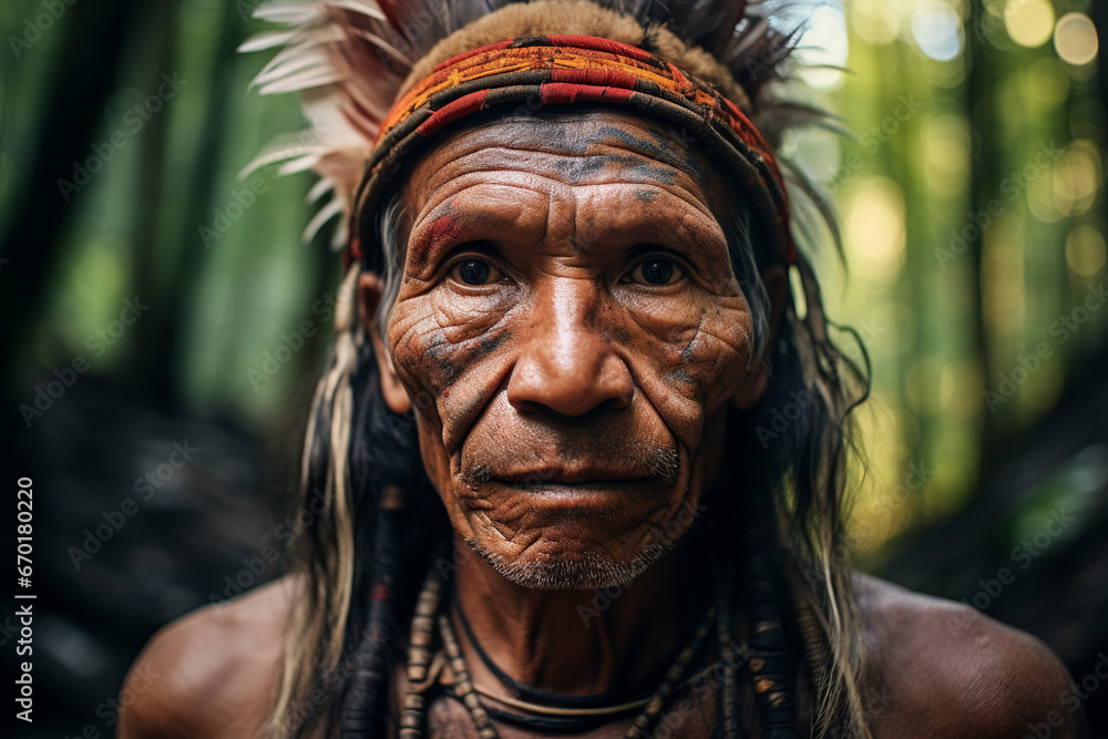 Generative AI image of an elder Amazonian tribe chief with a feathered ...