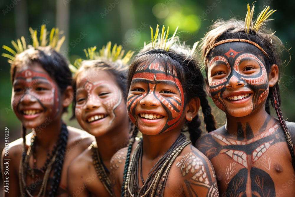 Generative AI image of joyful indigenous children from the Amazon, with ...
