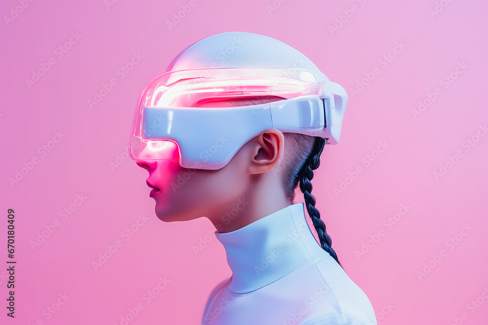 Generative AI Image Of Woman Wearing Virtual Reality Headset With ...