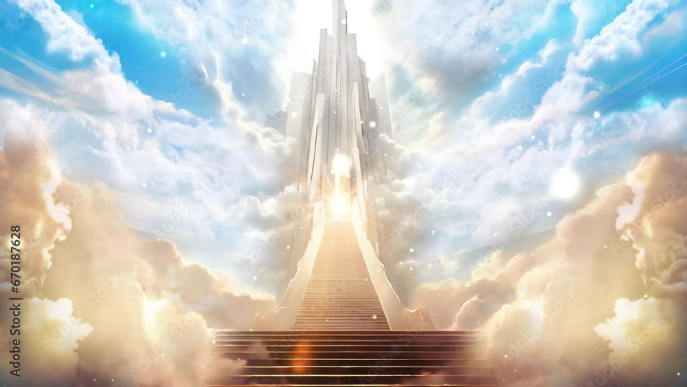 Stairs to heaven heading up to skies, bright light from heaven concept ...