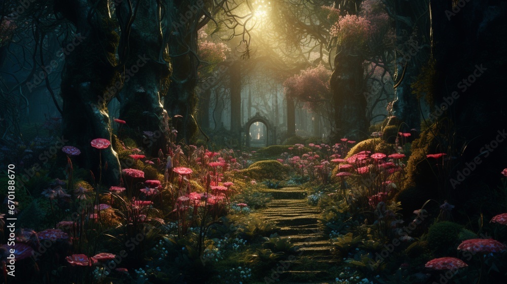 A secret garden with Euphorbia as tall as trees, creating a surreal ...
