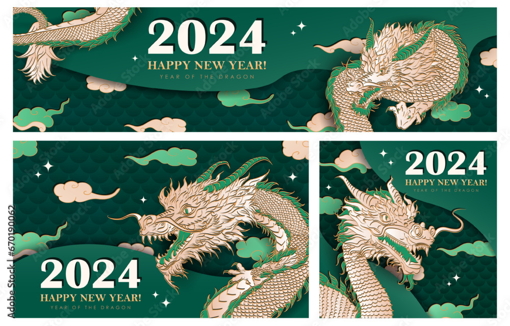 Set of 3 green web banners with hand drawn paper cut clouds, stars and ...