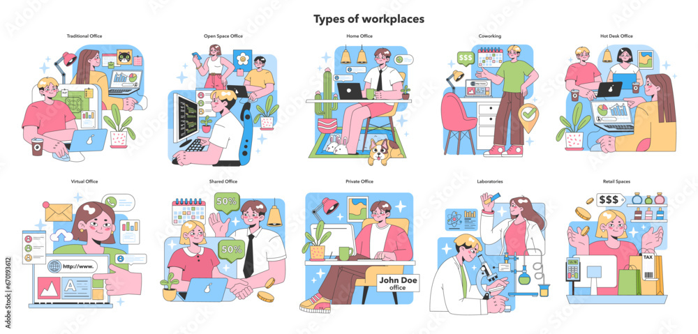 Workplace variety set. Diverse office spaces and environments portrayed ...
