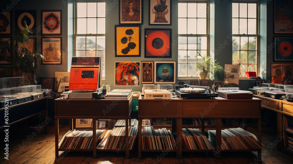 A vintage record store interior, showcasing shelves of vinyl records ...