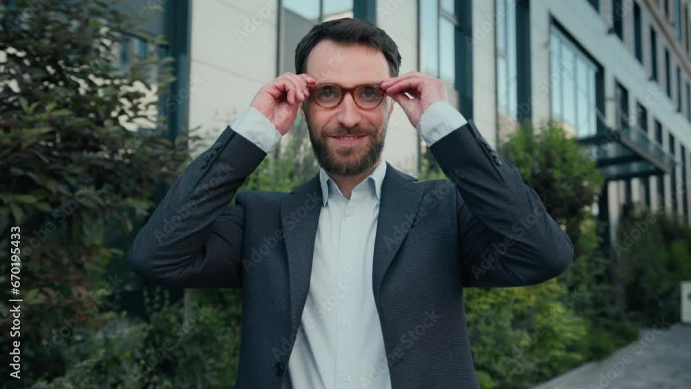 Successful happy man businessman confident pose crossed hands outdoors ...