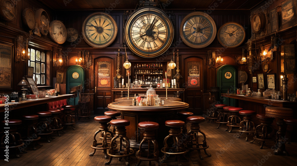 A classic English pub with dark wood paneling, leather bar stools, and ...