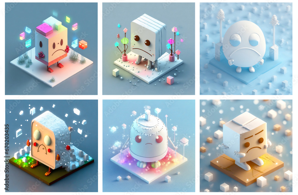 A set of AI generated isometric cartoon characters in a sad mood ...