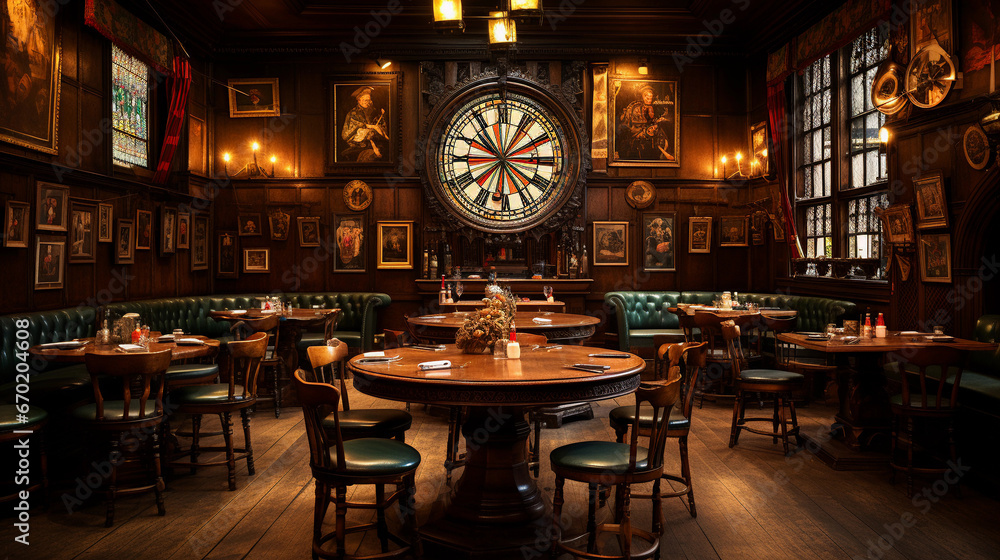 A classic English pub with dark wood paneling, leather bar stools, and ...