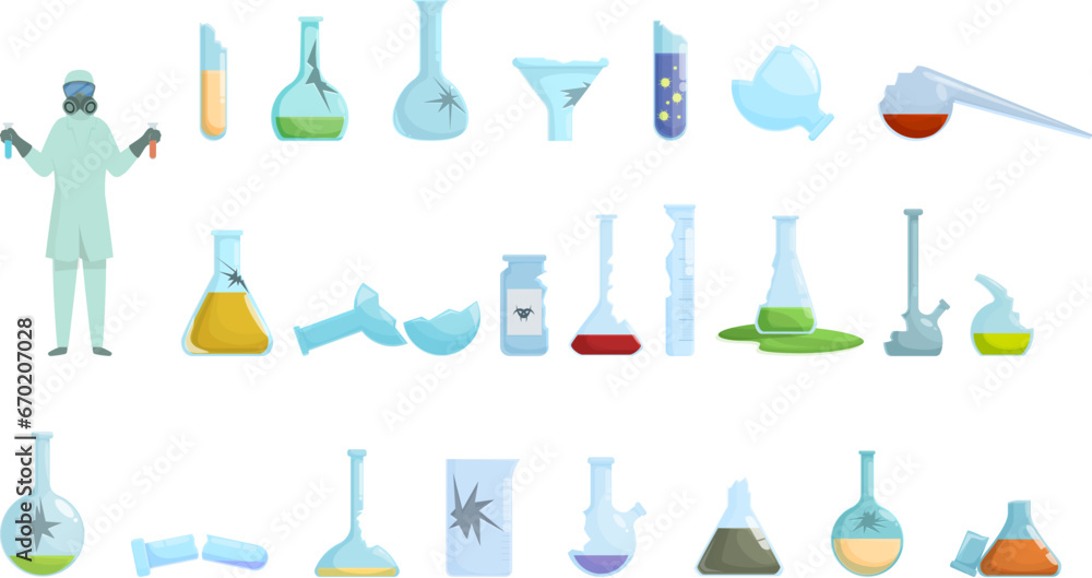 Broken laboratory glassware icons set cartoon vector. Science medical ...