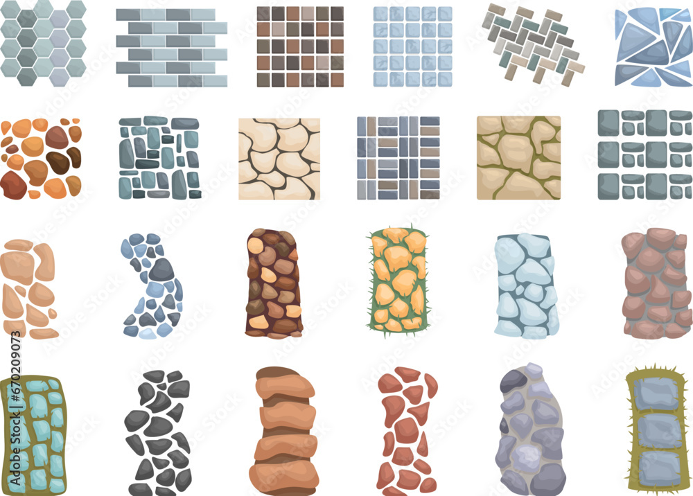 Stone footpath icons set cartoon vector. Path road stone. Backyard ...