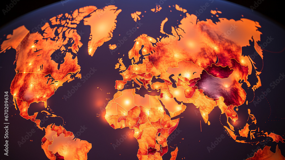A world map with regions experiencing extreme heatwaves, highlighting ...