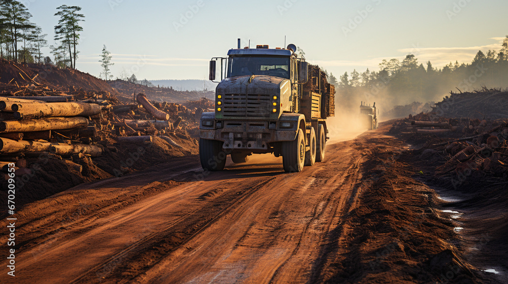A deforested area with logging trucks, emphasizing the role of ...