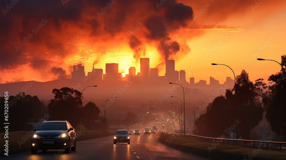 A polluted city skyline, illustrating the link between urban ...