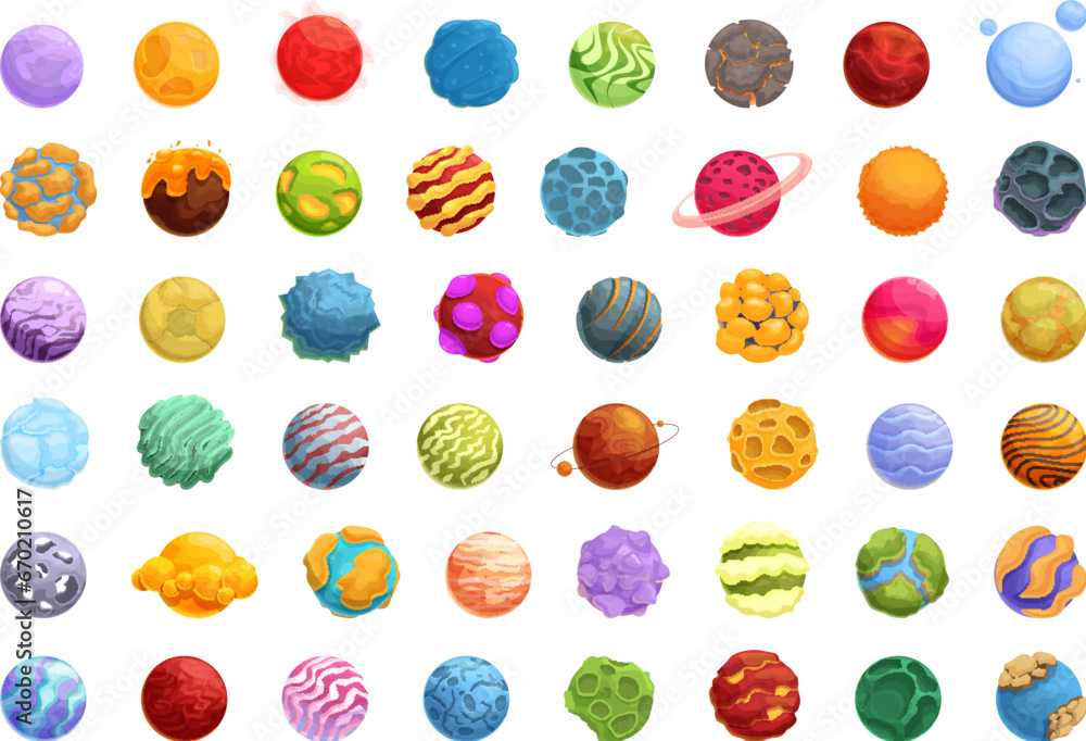 Alien planet for game icons set cartoon vector. Fantasy alien planet ...