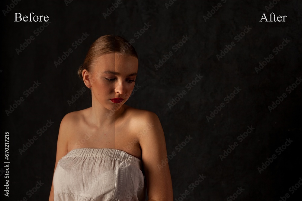 Portrait of before after retouch processing in photo editor, comparison ...