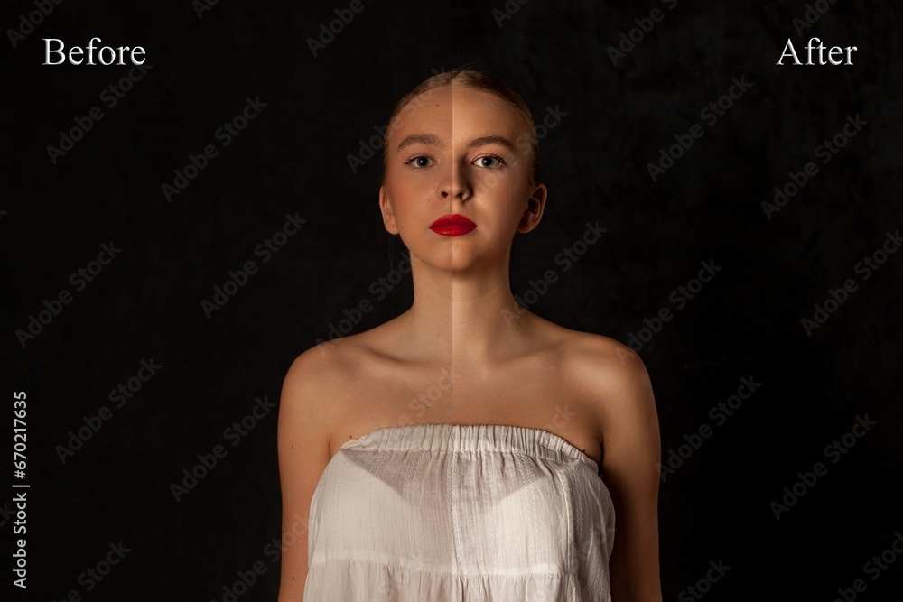 Foto de Before and after retouch processing in photo editor, comparison ...