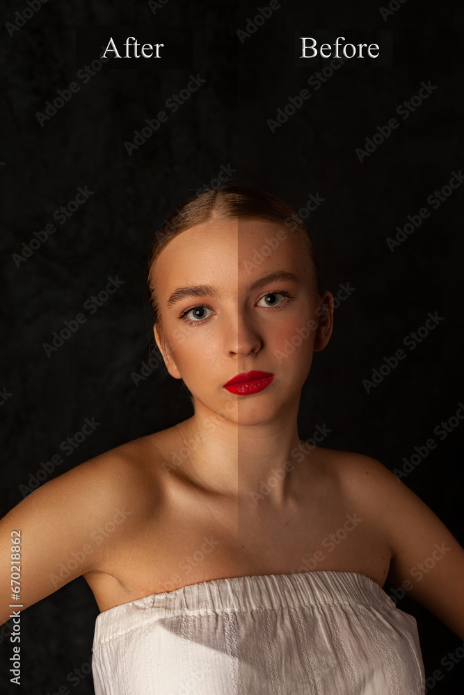 Before after retouching processing in editor, comparison photo teen ...