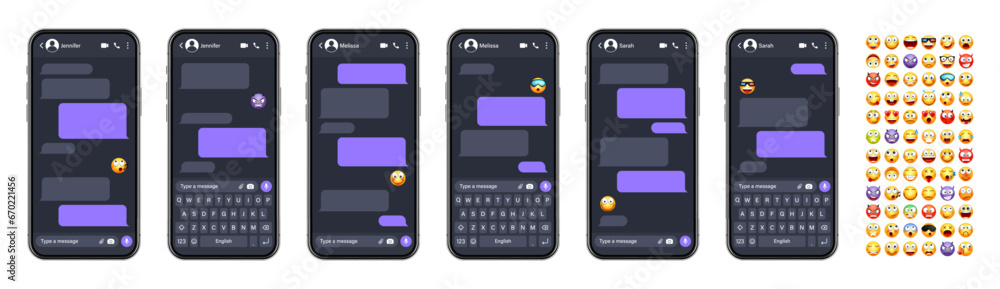 Smartphone messaging app, user interface with emoji. SMS text frame ...