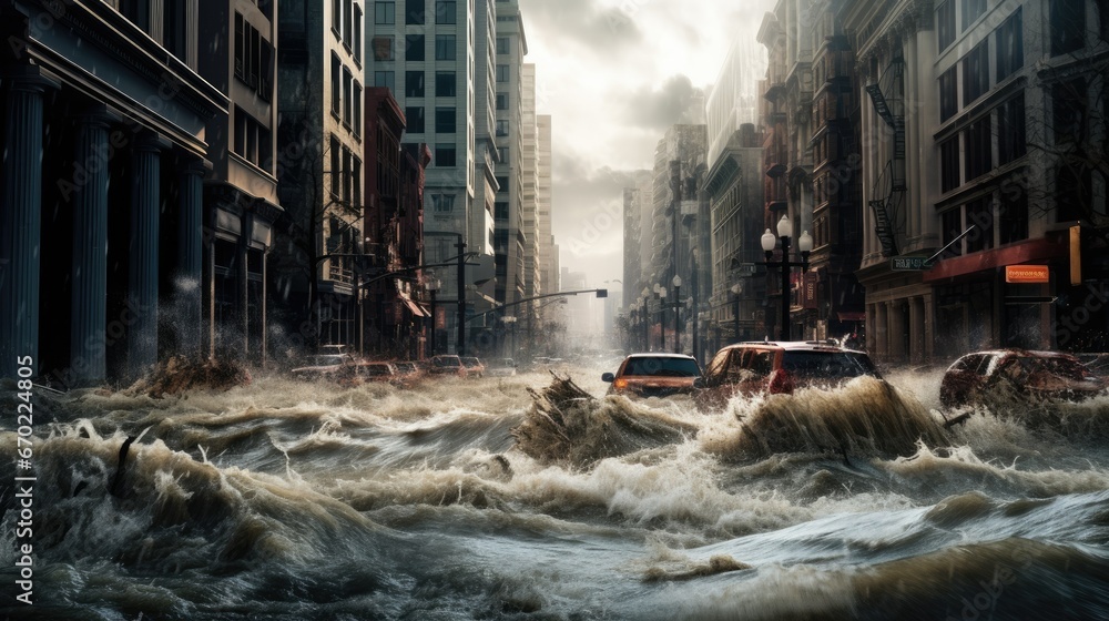 Flooded city streets after a natural disaster. Submerged buildings and ...