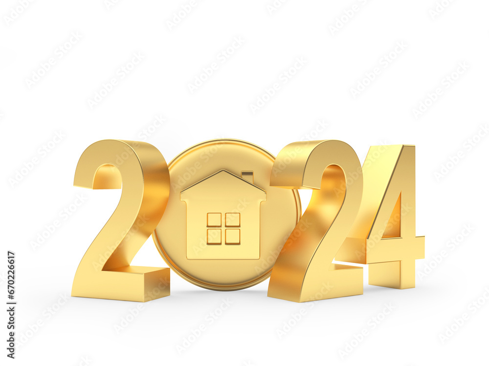 Golden number 2024 with coin with house icon. 3D illustration Stock ...