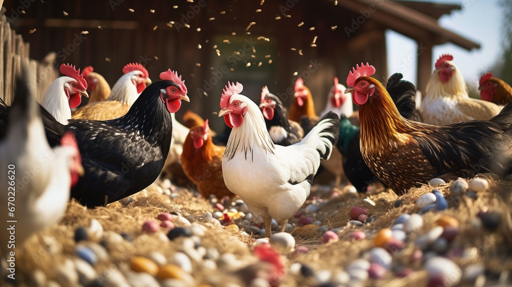 Lively chicken farm scene with farmers feeding various breeds of ...