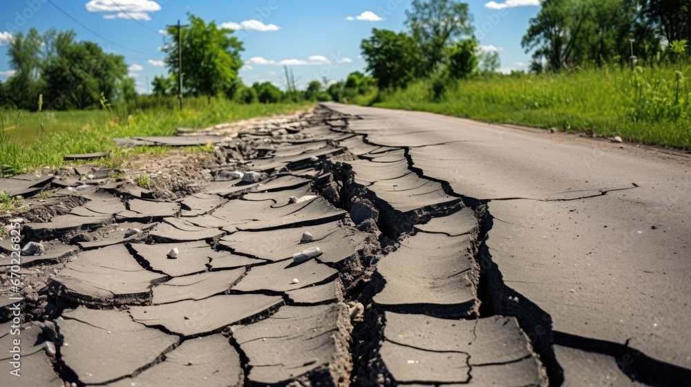 A neglected road with cracked, discolored surface, faded markings, and ...