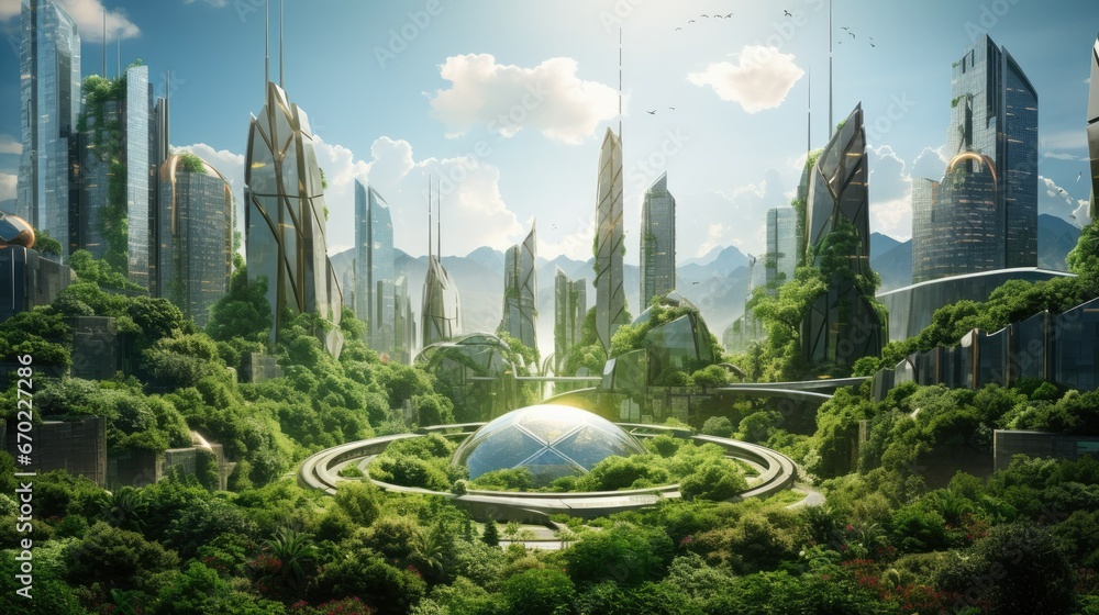 A futuristic cityscape with skyscrapers, vertical gardens, and green ...